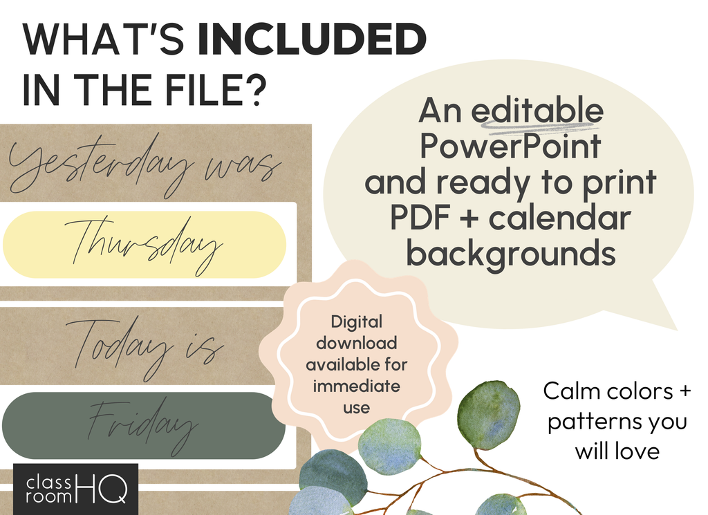 Australian Eucalyptus Theme Editable Large Class Calendar GUM LEAF ...