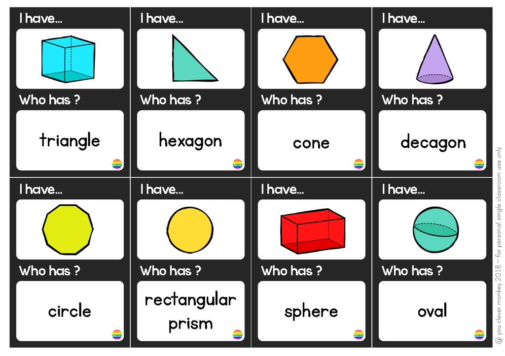 2D Shape + 3D Object I Have, Who Has Loop Card Game