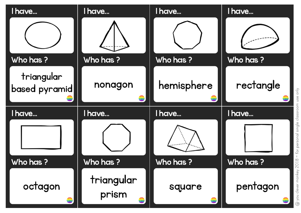 2D Shape + 3D Object I Have, Who Has Loop Card Game - classroom HQ