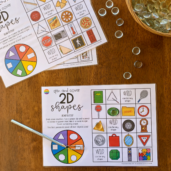 2D Shape Game - Spin + Cover Mats with Real World 2D Shapes - classroom HQ