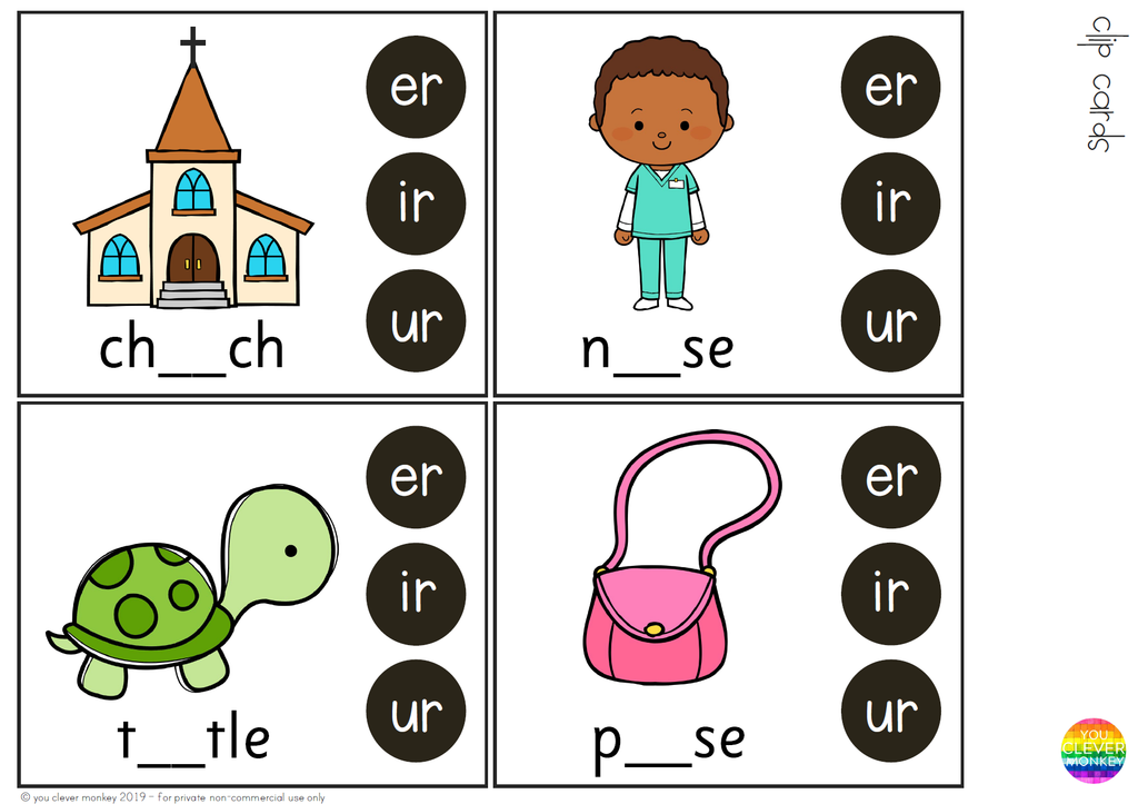 Digraph Clip Cards - ER IR UR - classroom HQ