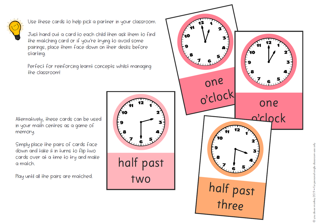 Pick A Partner - Telling Time Cards - classroom HQ