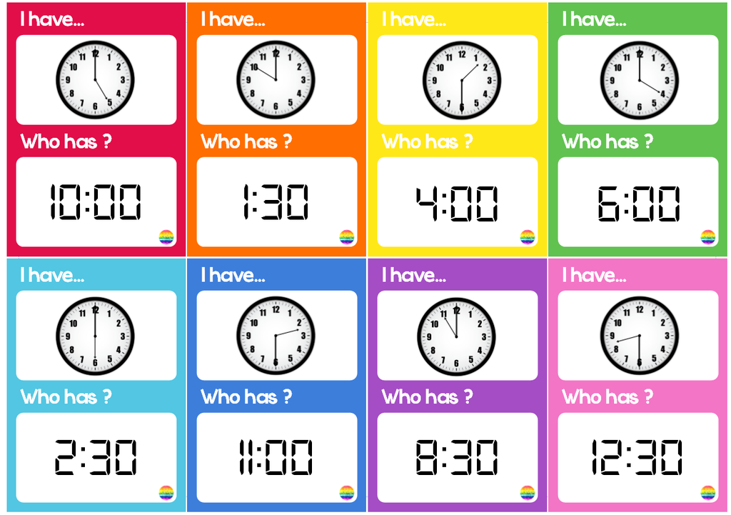Telling Time I Have, Who Has Loop Card Game - Hour + Half Hour